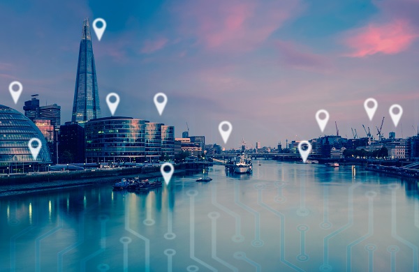 London with flat map pins, network and connections concept. - Spatial ...